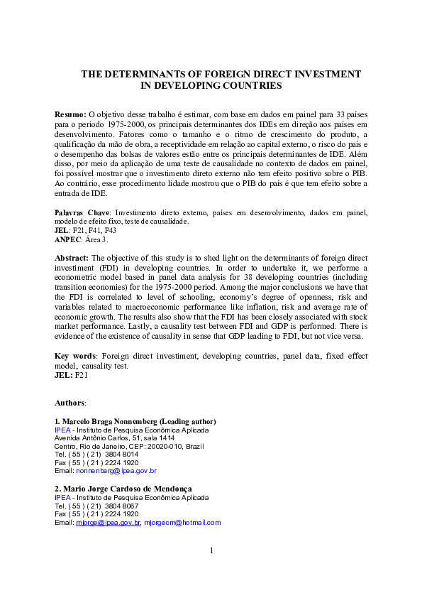 (PDF) The Determinants of Foreign Direct Investment In Developing Countries