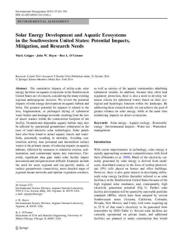 (PDF) Solar Energy Development and Aquatic Ecosystems in the ...