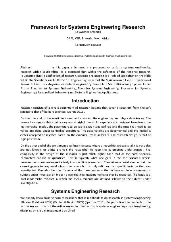 (PDF) A framework for systems engineering research