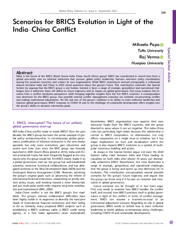 (PDF) Scenarios for BRICS Evolution in Light of the India-China Conflict