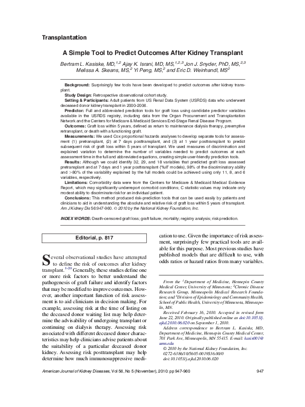 (PDF) A Simple Tool to Predict Outcomes After Kidney Transplant | Ajay ...
