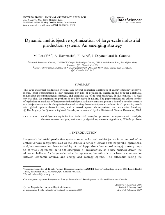 Pdf Dynamic Multiobjective Optimization Of Large Scale Industrial Production Systems An
