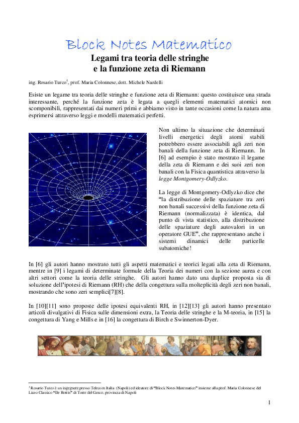 (PDF) Legami tra teoria delle stringhe e la funzione zeta di Riemann