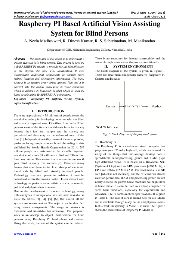 (PDF) Raspberry PI Based Artificial Vision Assisting System for Blind ...