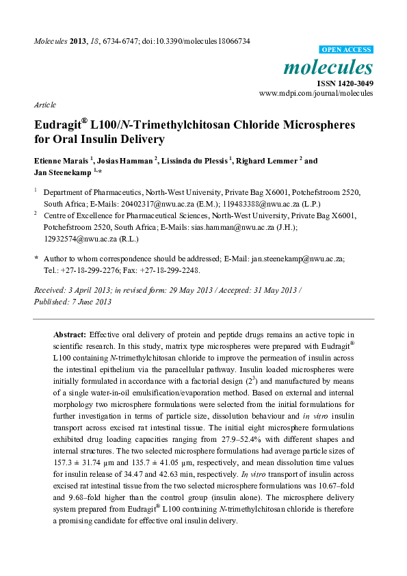 (PDF) Eudragit® L100/N-Trimethylchitosan Chloride Microspheres for Oral ...