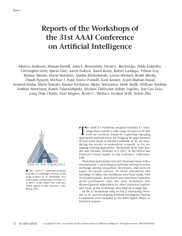 (PDF) Reports of the Workshops of the Thirty-First AAAI Conference on ...