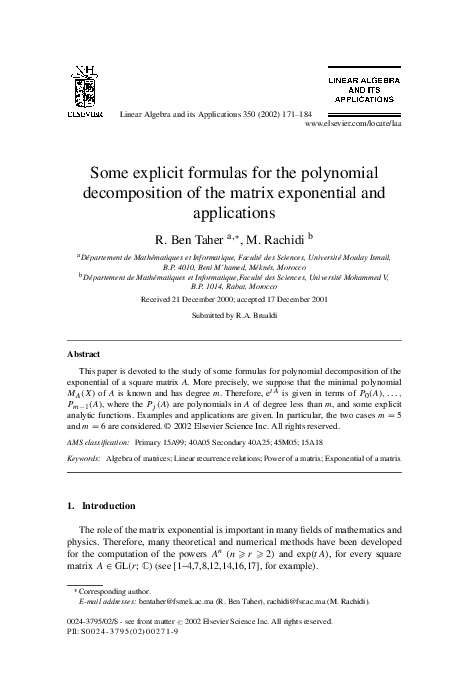 Pdf Some Explicit Formulas For The Polynomial Decomposition Of The Matrix Exponential And