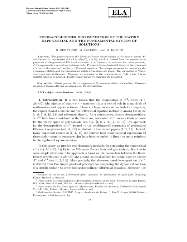 (PDF) Fibonacci-Horner Decomposition of the Matrix Exponential and the ...