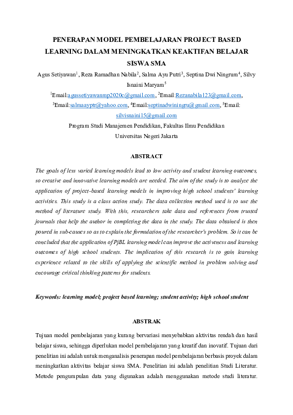 (PDF) PENERAPAN MODEL PEMBELAJARAN PROJECT BASED LEARNING DALAM ...