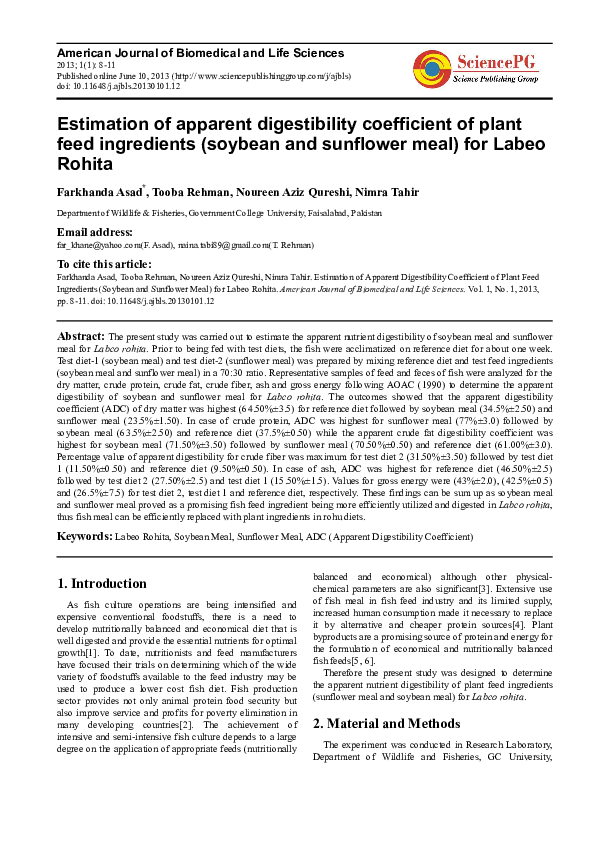 (PDF) Estimation of Apparent Digestibility Coefficient of Plant Feed ...