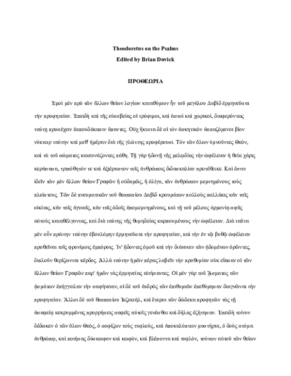 (DOC) Theodoretus on the Psalms, Edited by Brian Duvick