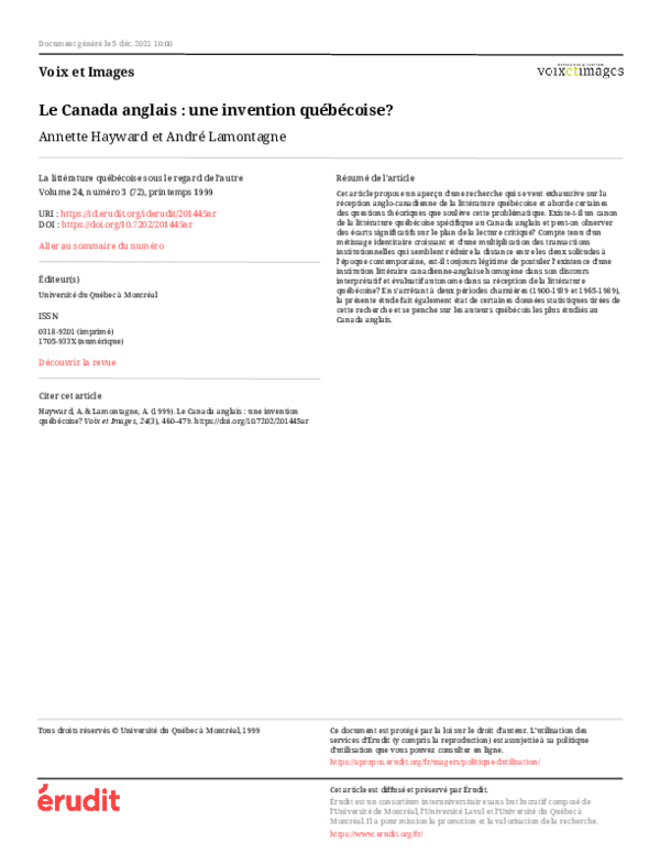 (PDF) Le Canada anglais: une invention québécoise?