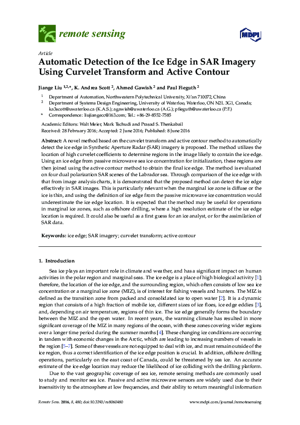 (PDF) Automatic Detection of the Ice Edge in SAR Imagery Using Curvelet Transform and Active Contour