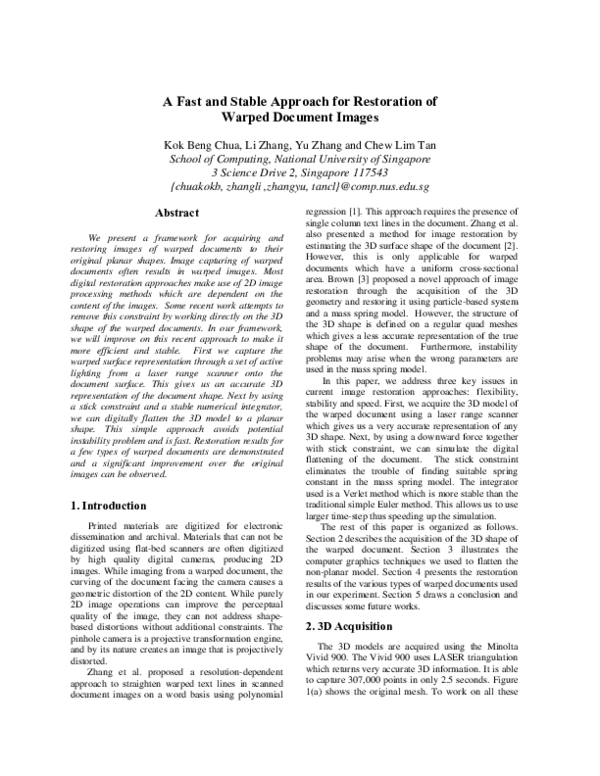 (PDF) A fast and stable approach for restoration of warped document images