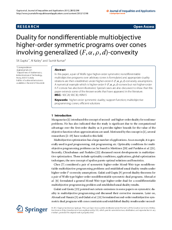 Pdf Duality For Nondifferentiable Multiobjective Higher Order Symmetric Programs Over Cones