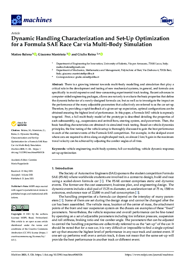 (PDF) Dynamic Handling Characterization and Set-Up Optimization for a Formula SAE Race Car via ...