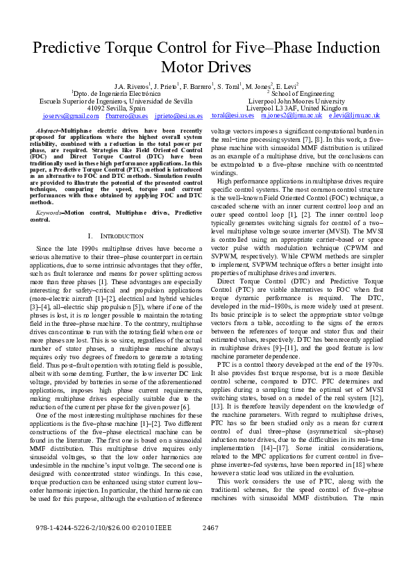 Pdf Predictive Torque Control For Five Phase Induction Motor Drives