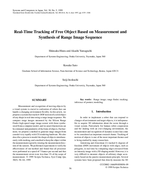 Pdf Real Time Tracking Of Free Object Based On Measurement And Synthesis Of Range Image
