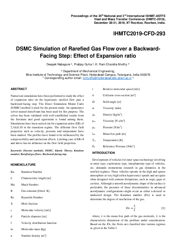 (PDF) DSMC Simulation of Rarefied Gas Flow over a Backward- Facing Step: Effect of Expansion ratio