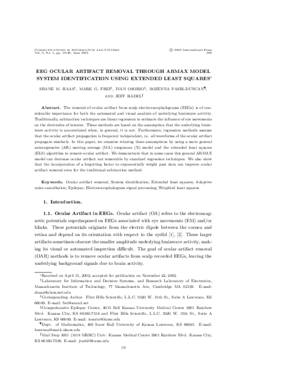 (PDF) EEG ocular artifact removal through ARMAX model system identification using extended least ...