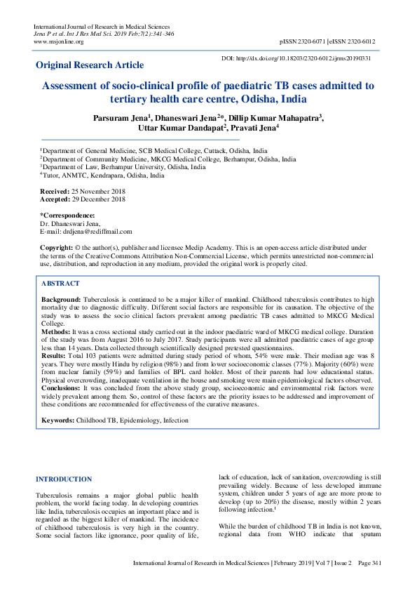 (PDF) Assessment of socio-clinical profile of paediatric TB cases ...