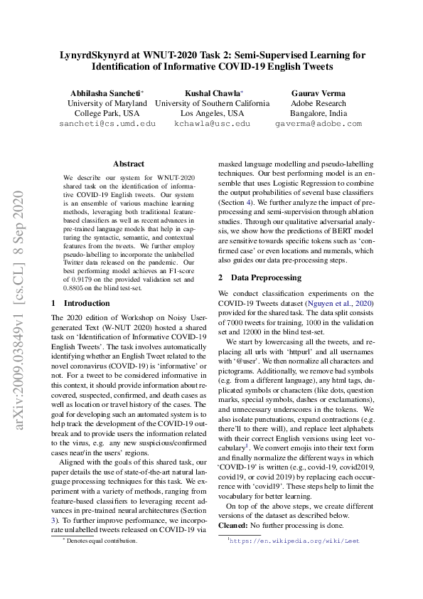 (PDF) LynyrdSkynyrd at WNUT-2020 Task 2: Semi-Supervised Learning for Identification of ...