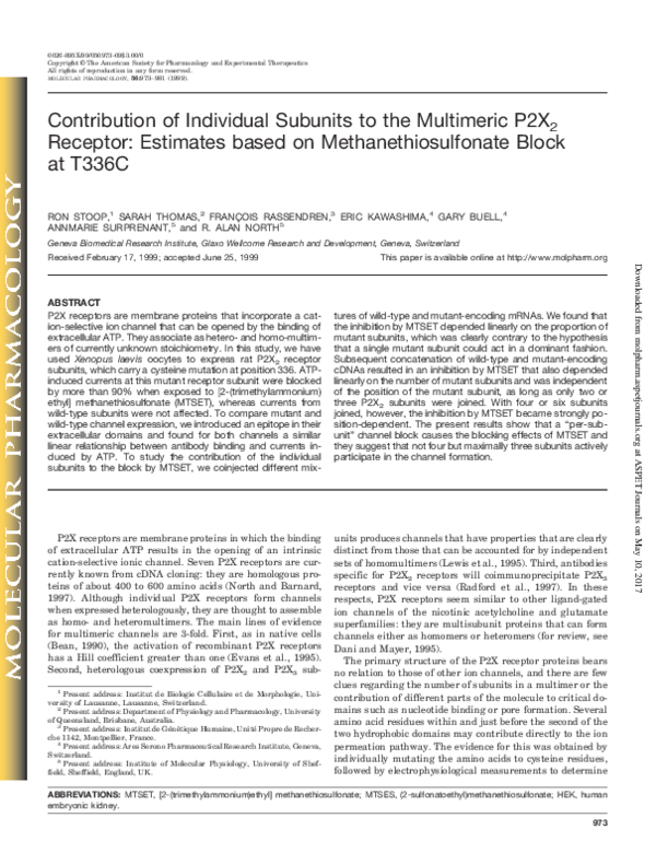 (PDF) Contribution of individual subunits to the multimeric P2X(2 ...