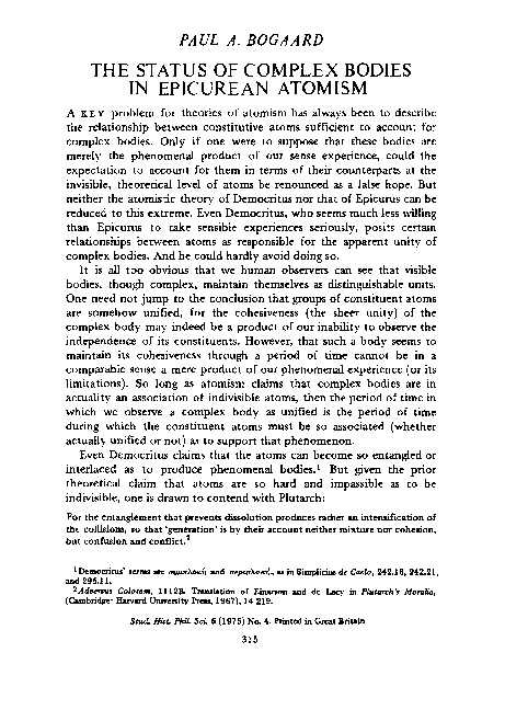 (PDF) The status of complex bodies in Epicurean atomism