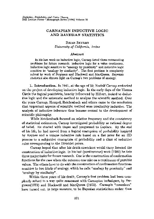 Pdf Carnapian Inductive Logic And Bayesian Statistics Brian Skyrms