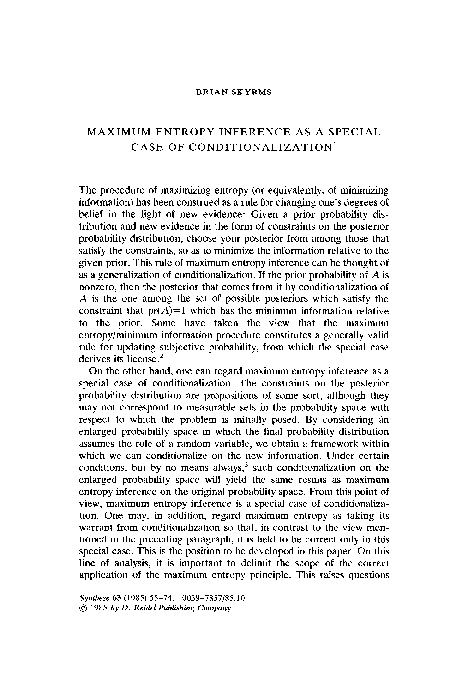 Pdf Maximum Entropy Inference As A Special Case Of Conditionalization Brian Skyrms