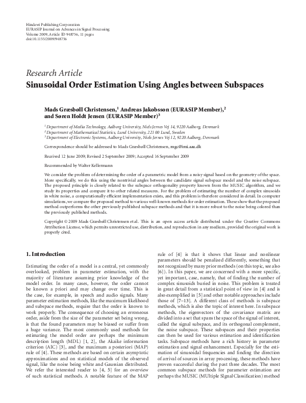 (PDF) Sinusoidal order estimation using angles between subspaces