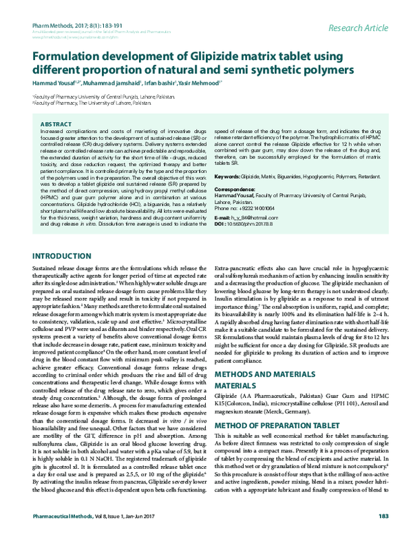 (PDF) Formulation development of Glipizide matrix tablet using different proportion of natural ...