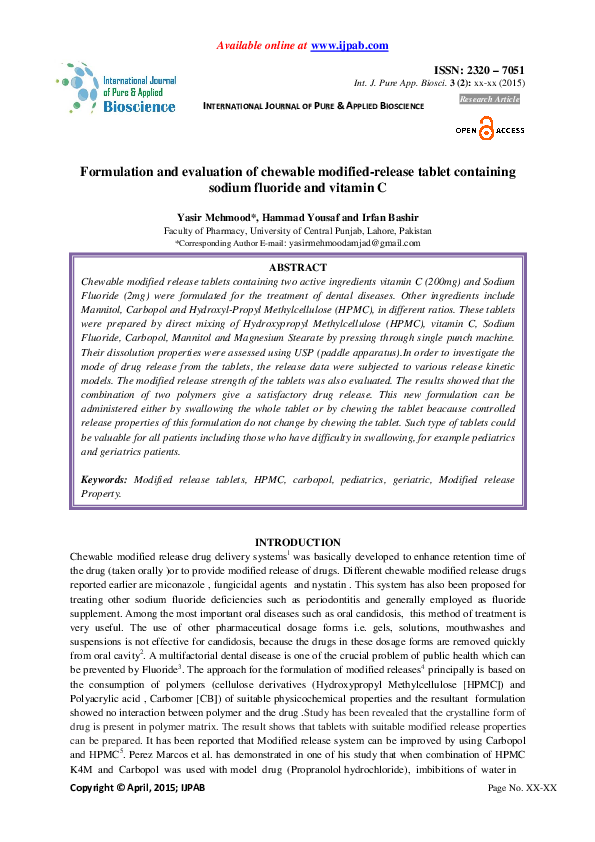 (PDF) Formulation and evaluation of chewable modified-release tablet ...