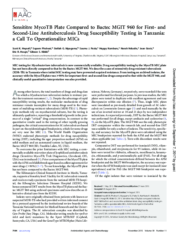 (PDF) Sensititre MYCOTB plate compared to Bactec MGIT 960 for first and ...