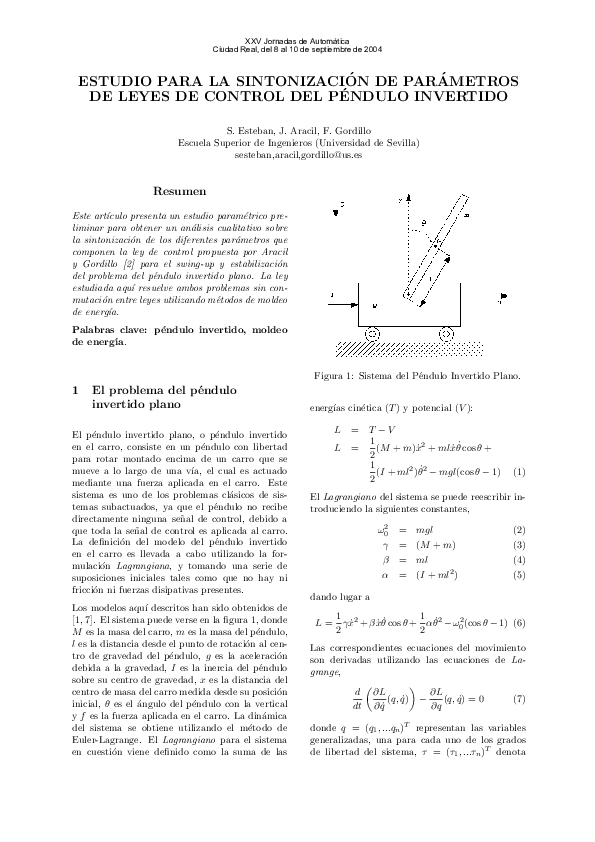 (PDF) Estudio para la sintonización de parámetros de leyes de control del péndulo invertido