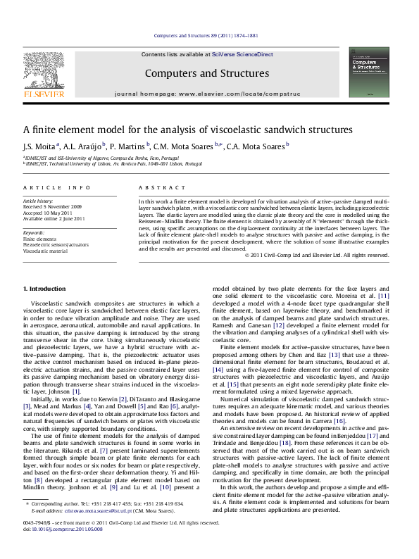 Pdf A Finite Element Model For The Analysis Of Viscoelastic Sandwich Structures Cm Mota