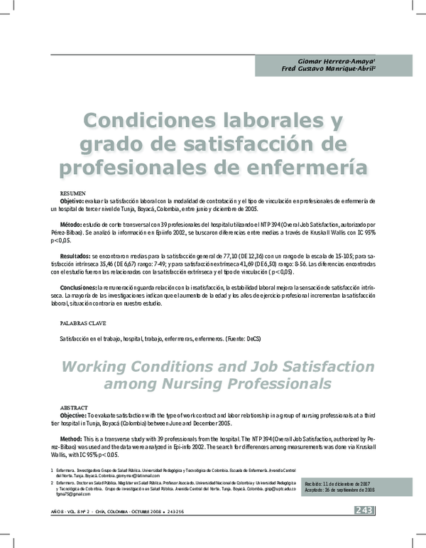 (PDF) Working Conditions and Job Satisfaction among Nursing Professionals
