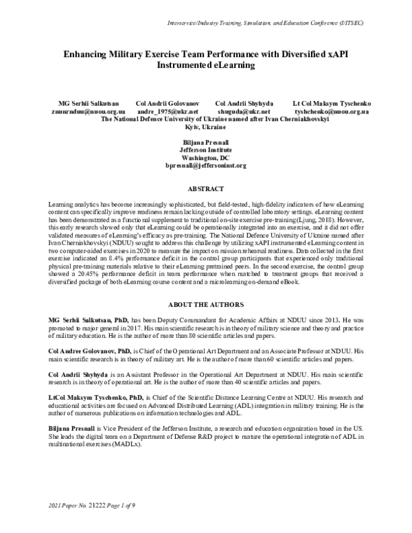 (PDF) Enhancing Military Exercise Team Performance with Diversified xAPI Instrumented eLearning