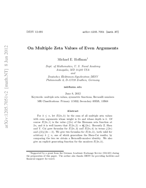 (PDF) On multiple zeta values of even arguments