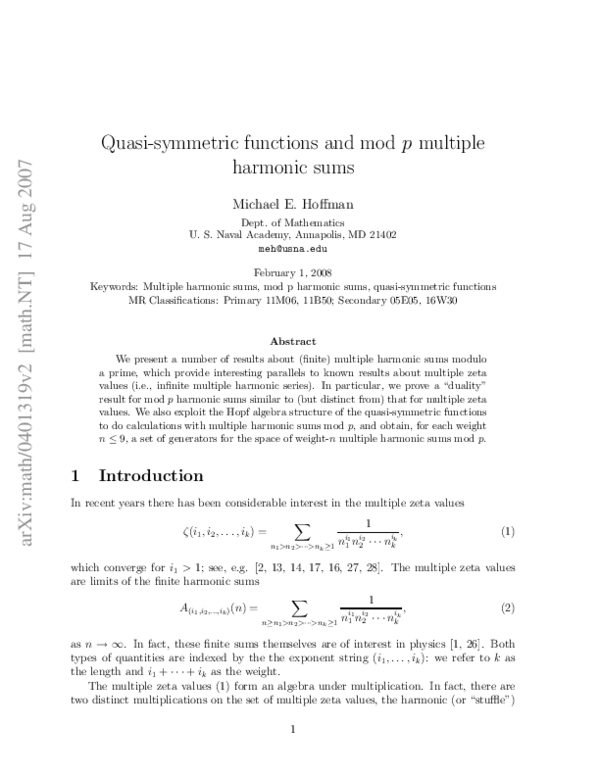 (PDF) Quasi-symmetric functions and mod p multiple harmonic sums