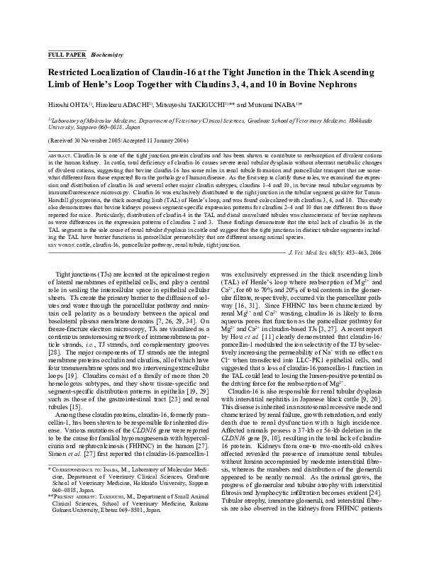 (PDF) Restricted Localization of Claudin-16 at the Tight Junction in the Thick Ascending Limb of ...