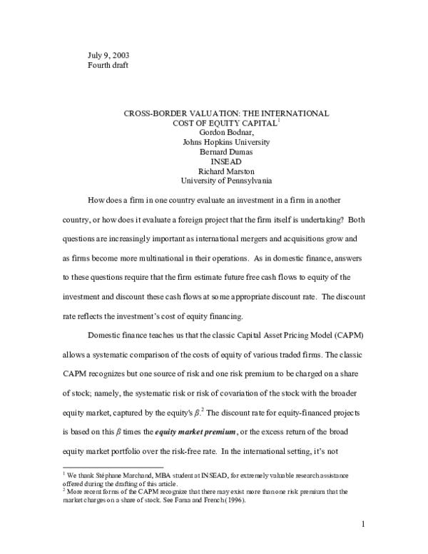 (PDF) Cross-border valuation: The international cost of equity capital
