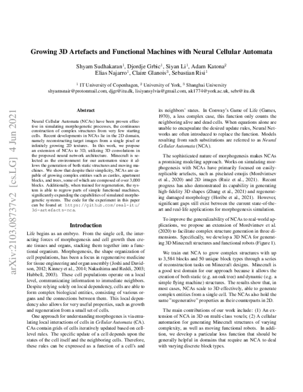 (PDF) Growing 3D Artefacts and Functional Machines with Neural Cellular ...