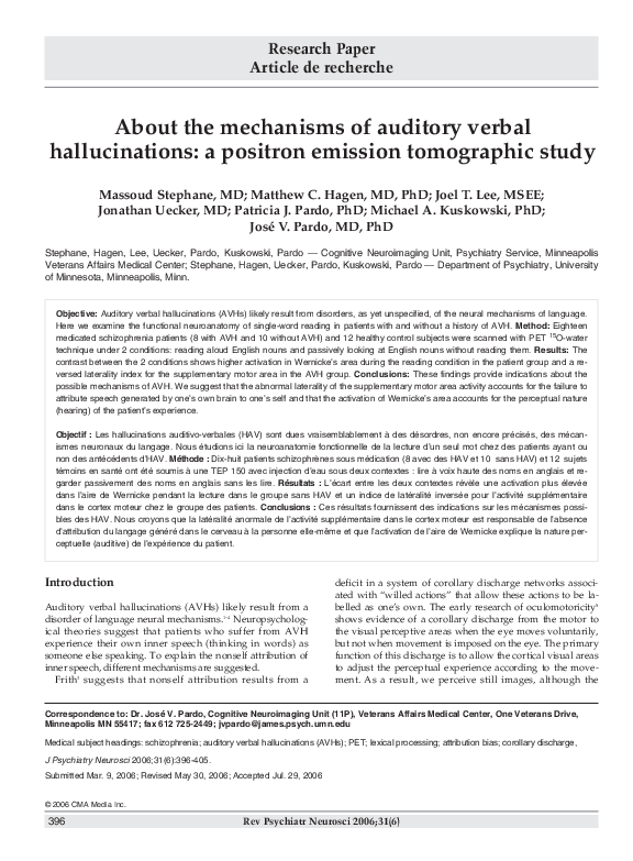 (PDF) About the mechanisms of auditory verbal hallucinations: a positron emission tomographic study
