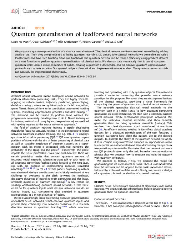 Pdf Quantum Generalisation Of Feedforward Neural Networks