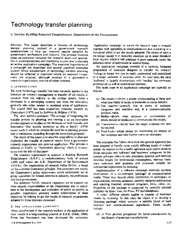 (PDF) Technology transfer planning