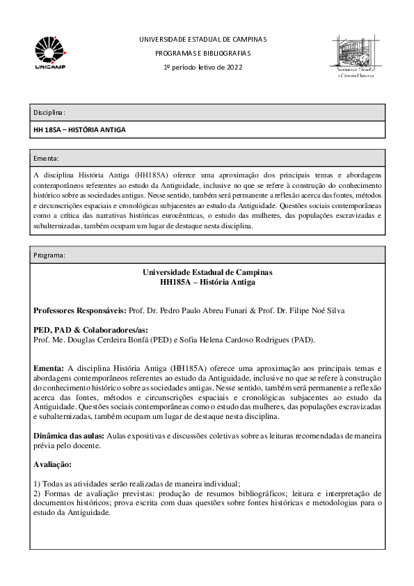 (PDF) Ementa HH185A História Antiga Unicamp 2022
