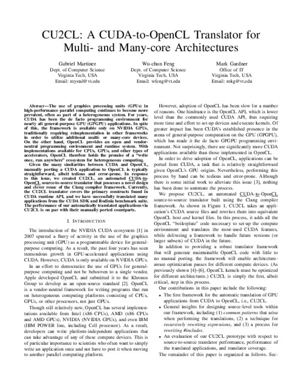 Pdf Cu2cl A Cuda To Opencl Translator For Multi And Many Core Architectures