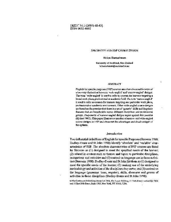 (PDF) Specificity and Esp Course Design