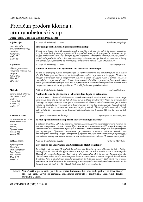 (PDF) Proračun prodora klorida u armiranobetonski stup